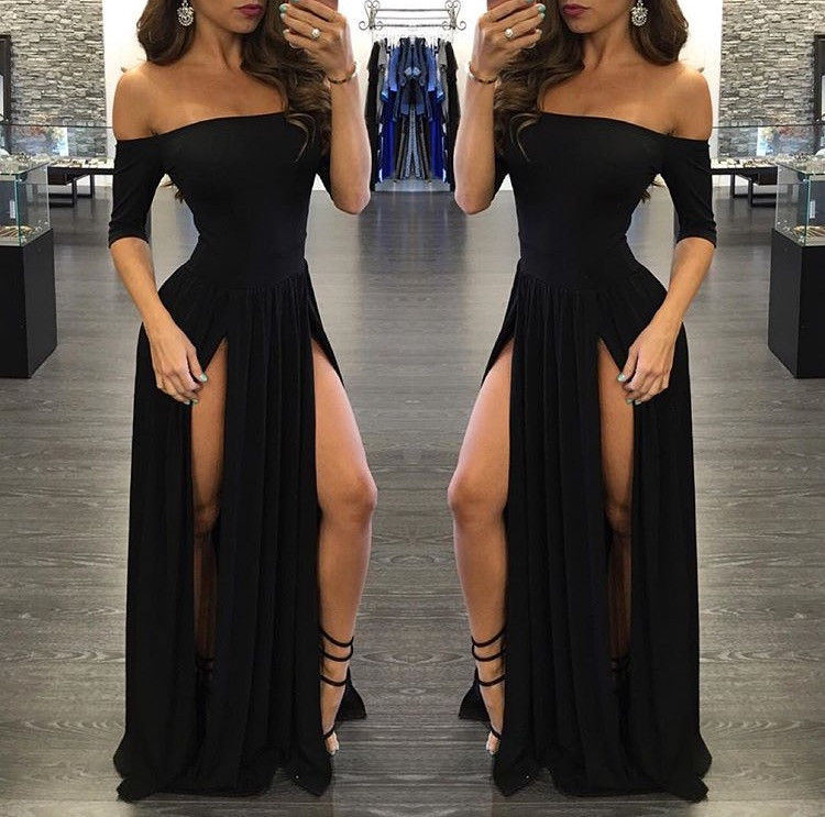 Off-the-shoulder Black Split Evening Dresses 2017 Half Sleeve Sexy ...