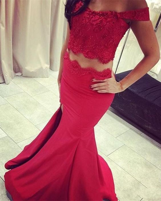 Off The Shoulder Prom Dresses, Two Pieces Prom Dresses, Split Side Prom ...